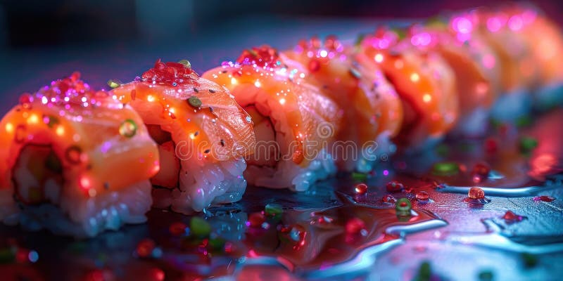 Neon Salmon Sushi Roll with Glowing Lights Stock Image - Image of ...