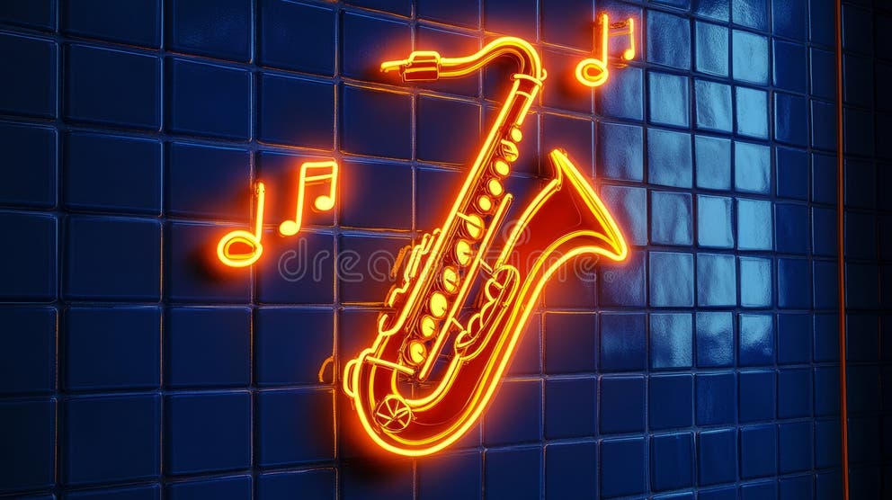 Neon Saxophone Sign on Tiled Wall with Musical Notes. Stock Image ...