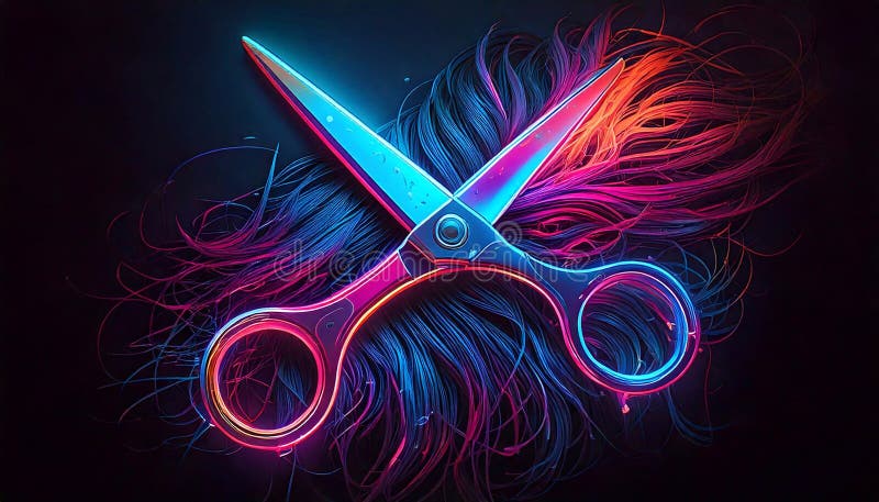Neon Scissors Cutting Bright Hair Strands Create a Vibrant Visual ...