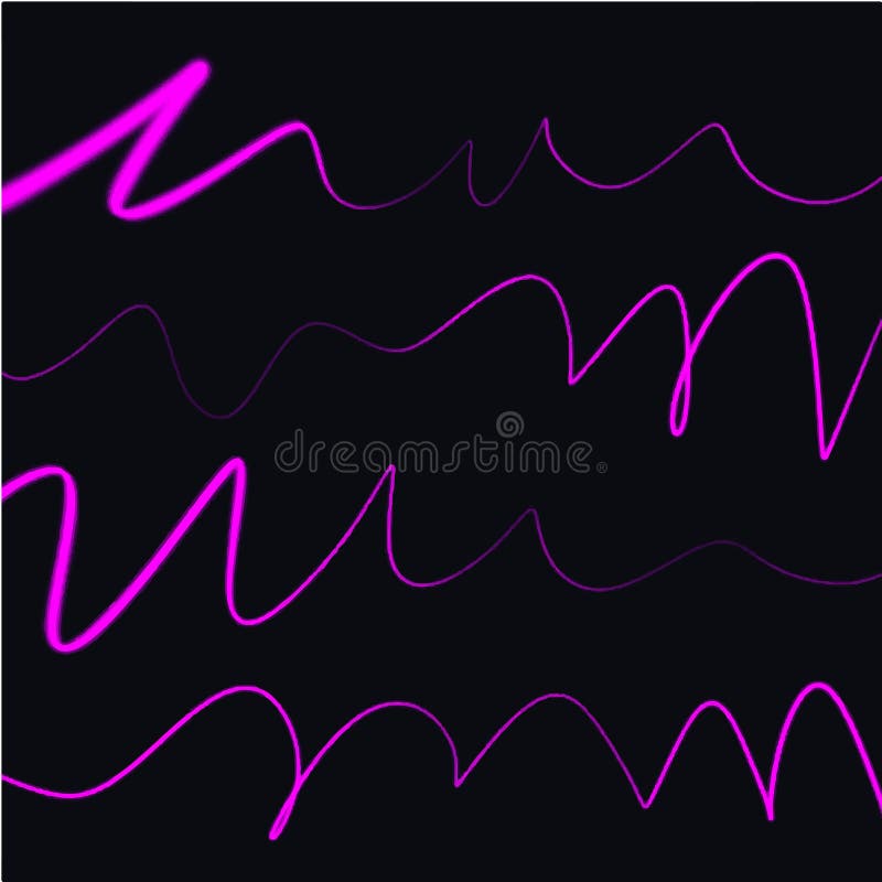 Neon Scribble Sketch Objects. Waves Vibration Lines, Isolated on Dark ...