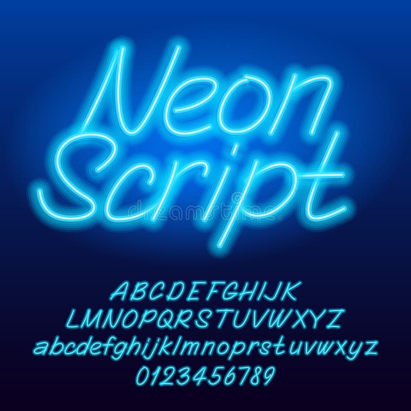 Neon Script Alphabet Font. Blue Color Lowercase and Uppercase Shiny ...