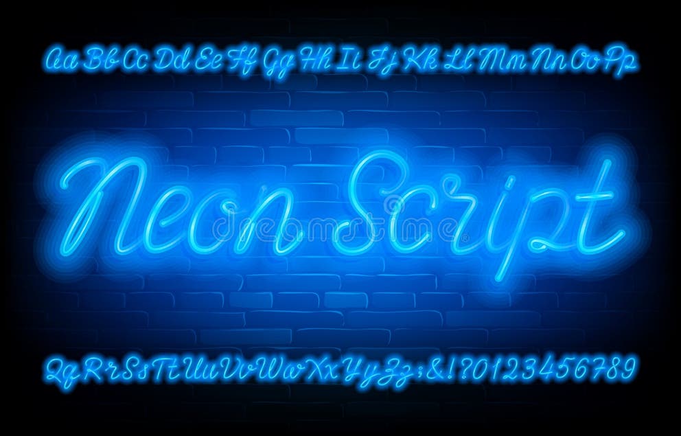 Neon Script Alphabet Font. Blue Neon Light Uppercase and Lowercase ...