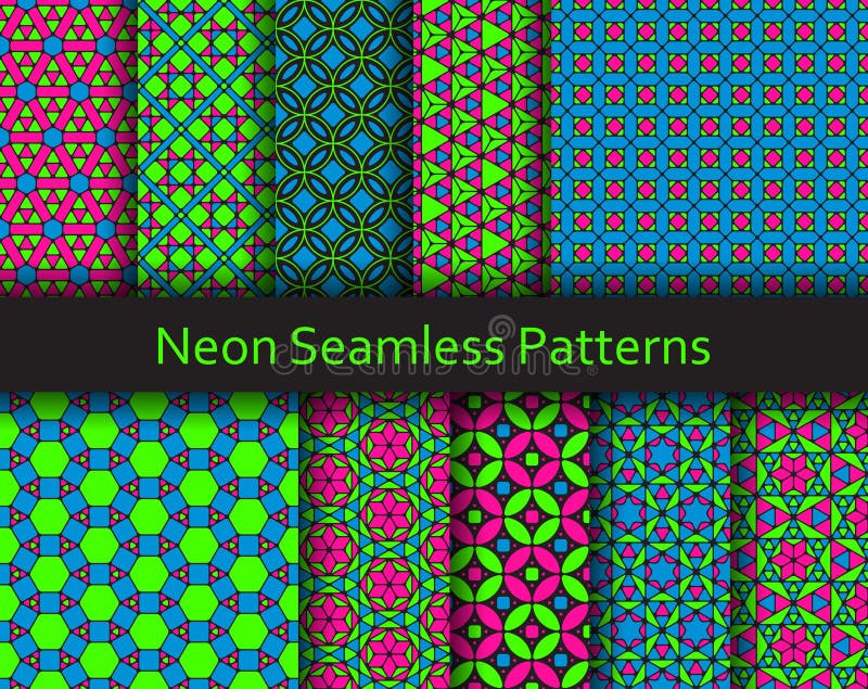 Neon Seamless Patterns. Fluorescent Lime, Pink and Blue Colors Stock ...