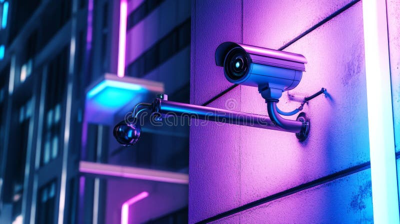 Neon Security Camera Background Blur Stock Illustration - Illustration ...