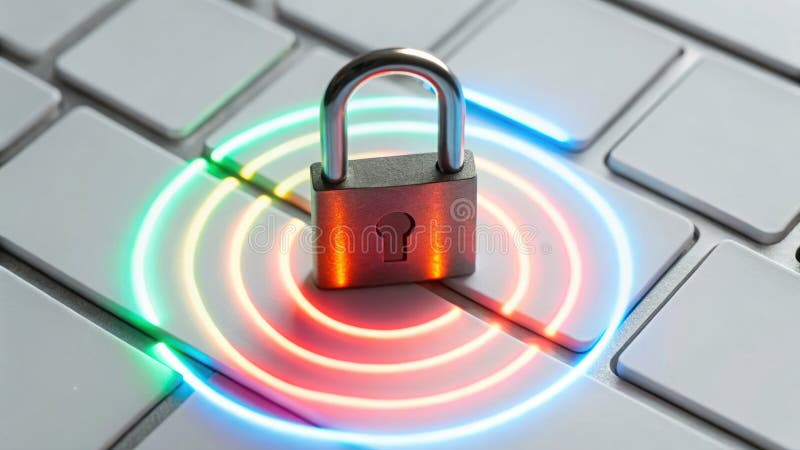 Neon Security Padlock Emitting Waves of Protection on a Computer ...