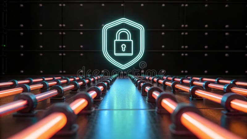 Neon Security Shield with Lock Symbol Glowing Above Data Pipes Stock ...