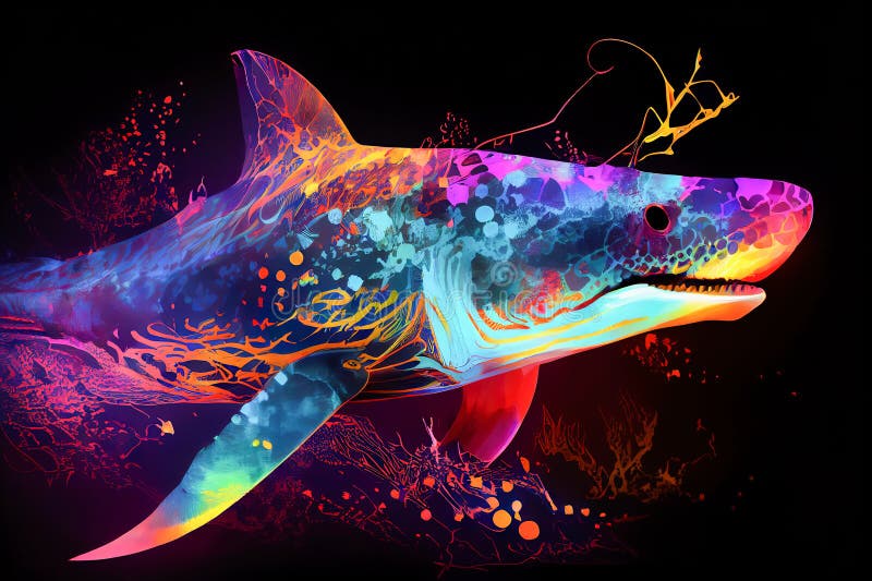 Neon Shark on Black Background. Generative AI, Generative, AI Stock ...