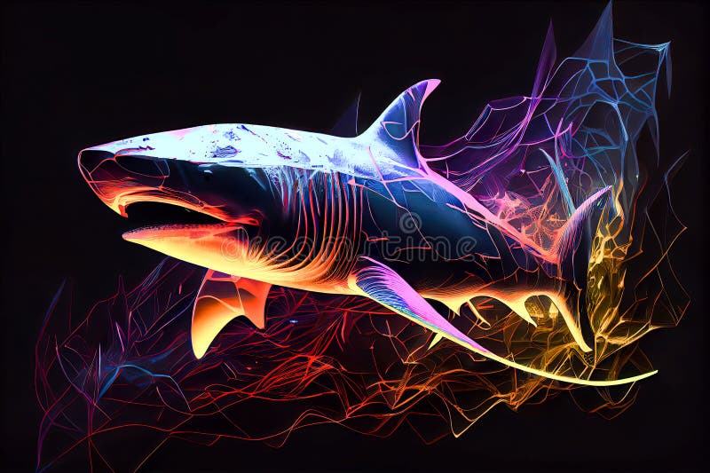 Neon Shark on Black Background. Generative AI, Generative, AI Stock ...