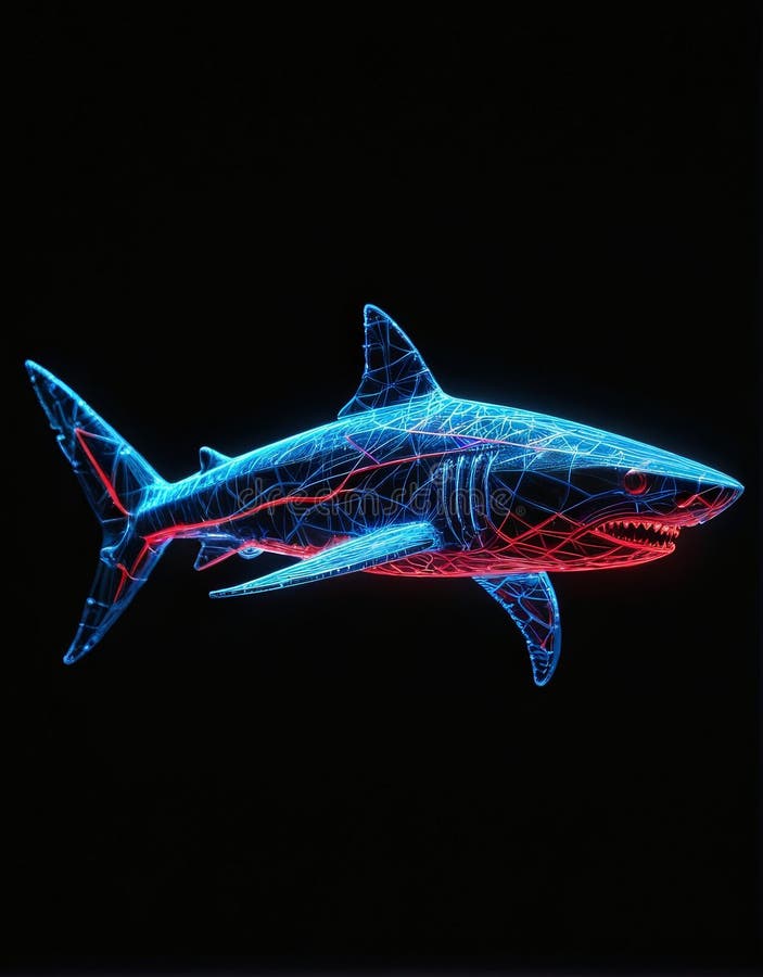 A Neon Shark Wireframe Glides Over a Black Marbled Background ...