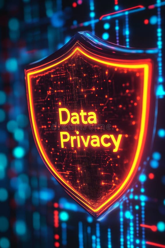 Neon Shield Emblem with Data Privacy Text on Digital Background Stock ...