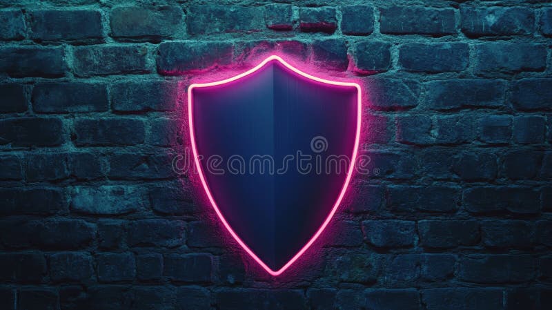 Neon Shield Icon on Brick Wall, Retro Symbol of Protection and Security ...