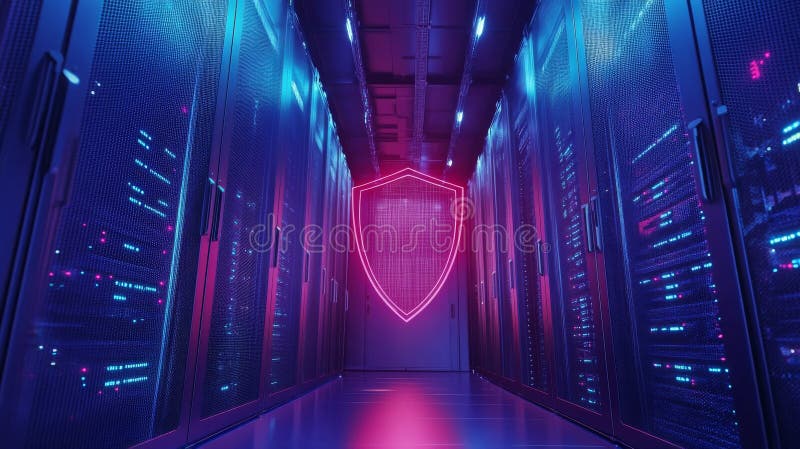 Neon Shield Protecting Server Room from Cyber Attacks Stock Photo ...