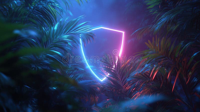 Neon Shield Shape Glowing in a Tropical Jungle at Night in 80s ...