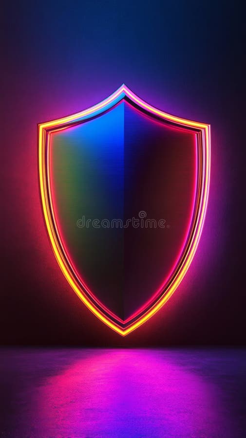 Neon Shield with Vibrant Colors Reflecting on Dark Surface. Futuristic ...