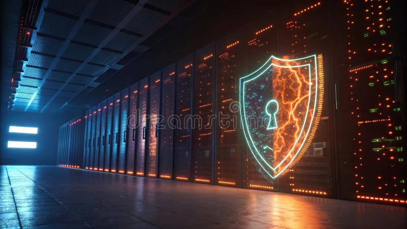 Neon Shield on Wall in Server Room Representing Cyber Security and ...
