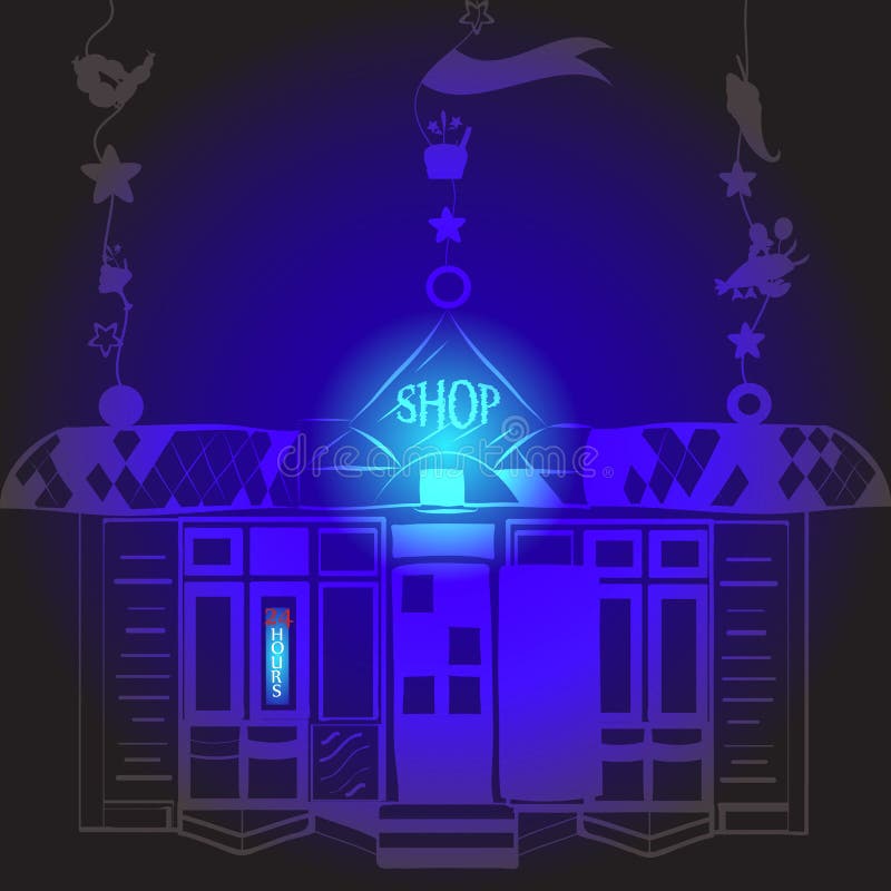 Neon shop sign at night stock vector. Illustration of outlined - 73823231