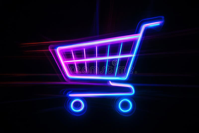 Neon Shopping Cart Emblem Glowing on a Textured Brick Wall in an Urban ...