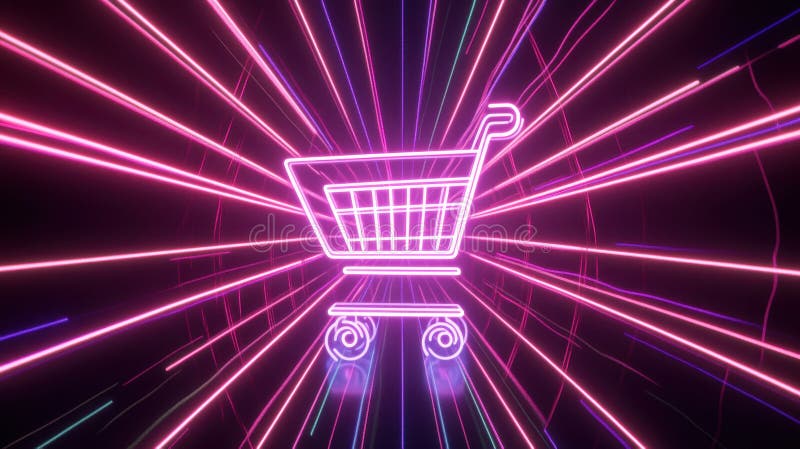 Neon Shopping Cart on Dynamic Light Rays Background Stock Photo - Image ...