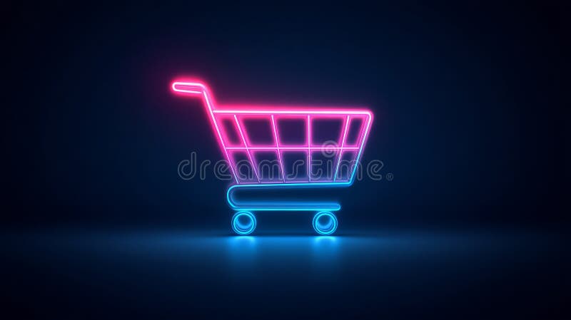 Neon Shopping Cart Glowing on Dark Background Stock Image - Image of ...
