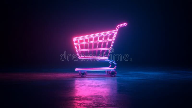 Neon Shopping Cart Glowing in a Dark Futuristic Setting. Stock Photo ...