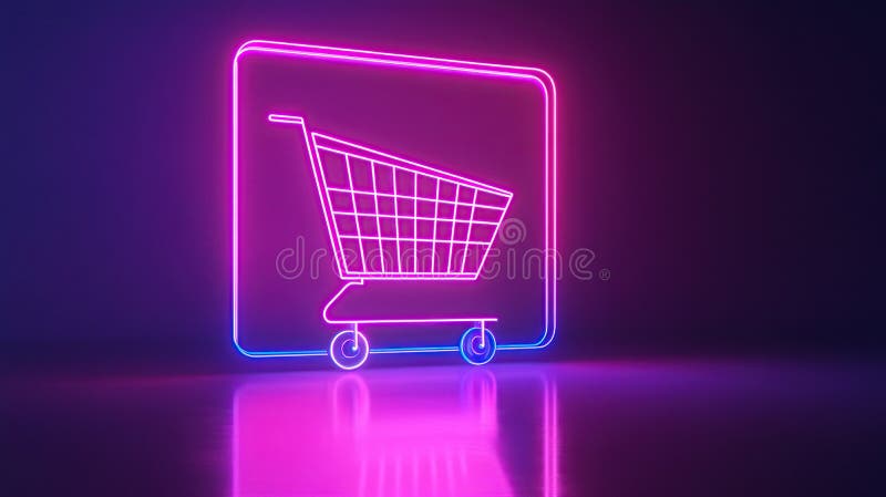 Neon Shopping Cart Symbol Glowing in Dark Stock Illustration ...