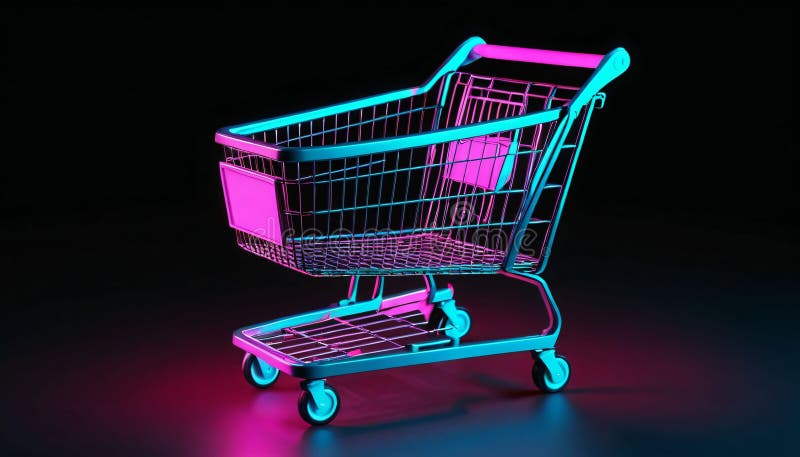 Neon Shopping Cart with Vibrant Lighting Effects Stock Illustration ...
