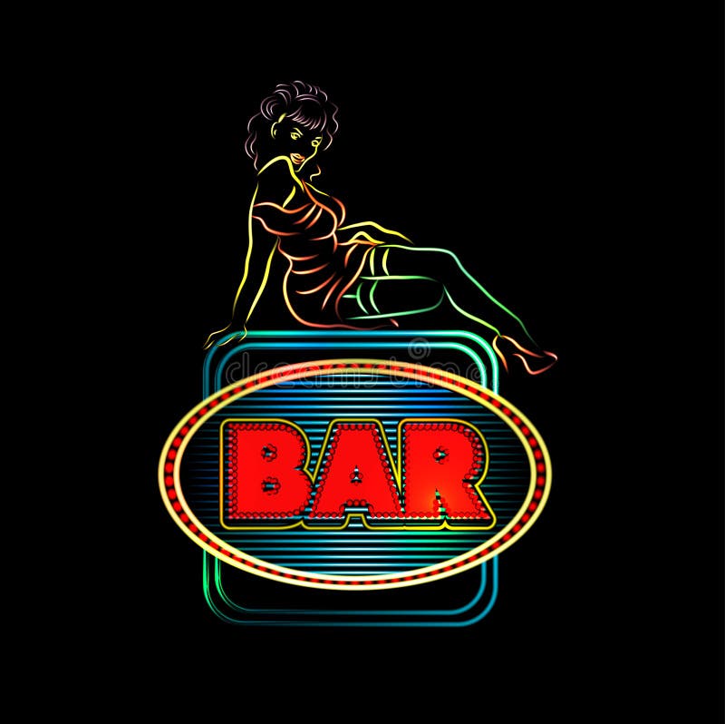 Neon Sign Bar with Neon Girl. Vector Illustrator Stock Vector ...
