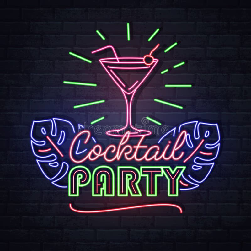 Neon Sign Cocktail Party with Fluorescent Tropic Leaves. Vintage ... Neon Sign Cocktail Party with Fluorescent Tropic Leaves. Vintage ...