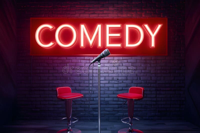 Neon Sign COMEDY in Red, with Microphone and Stool in Dimly Lit Club ...