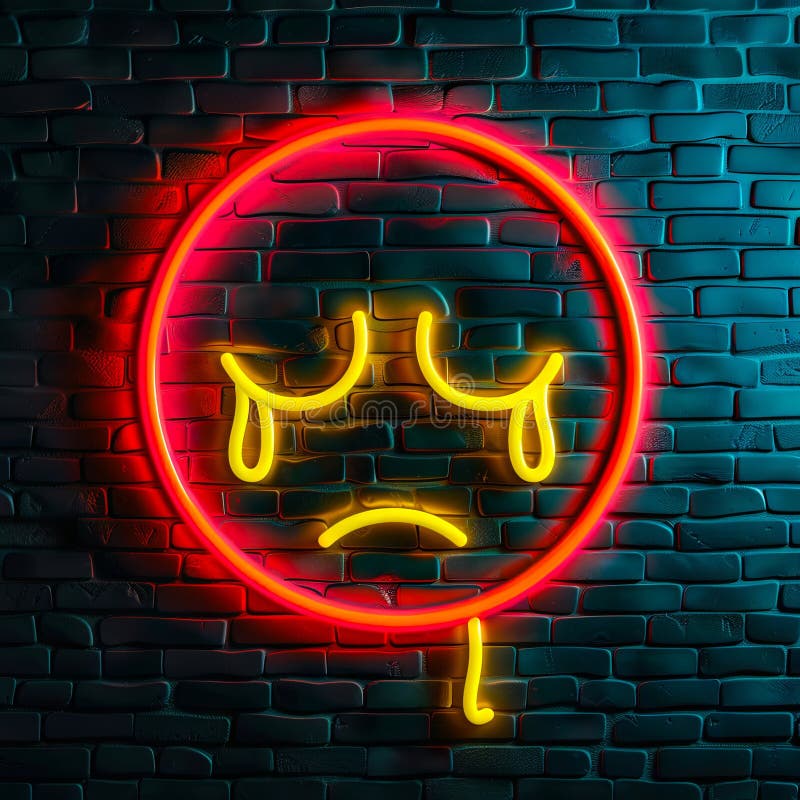 A Neon Sign with a Crying Face on a Brick Wall Stock Image - Image of ...