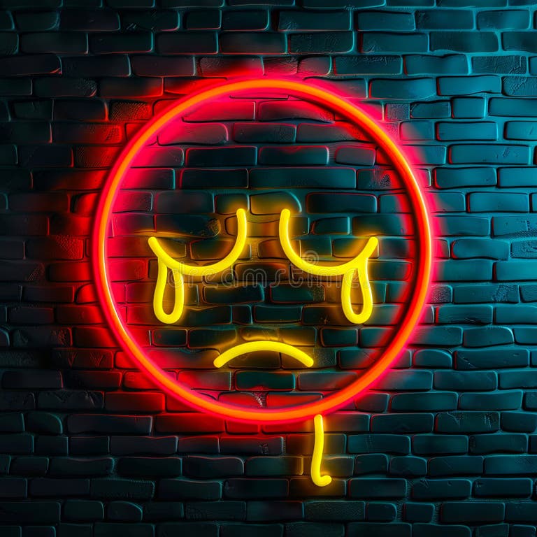 A Neon Sign with a Crying Face on a Brick Wall Stock Image - Image of ...
