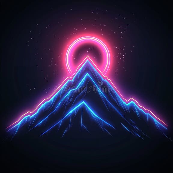 A Neon Sign Displaying a Mountain Range Lit by a Shining Sun Stock ...