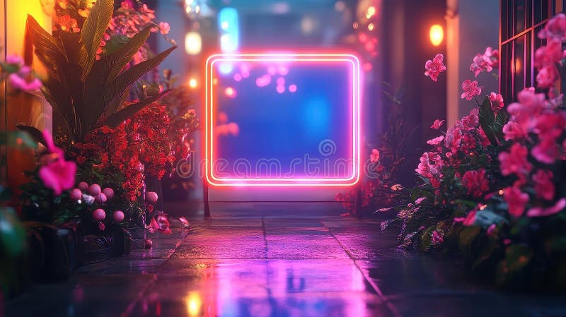 Neon Sign in a Dreamy Nighttime Setting with Pink Flowers Stock ...
