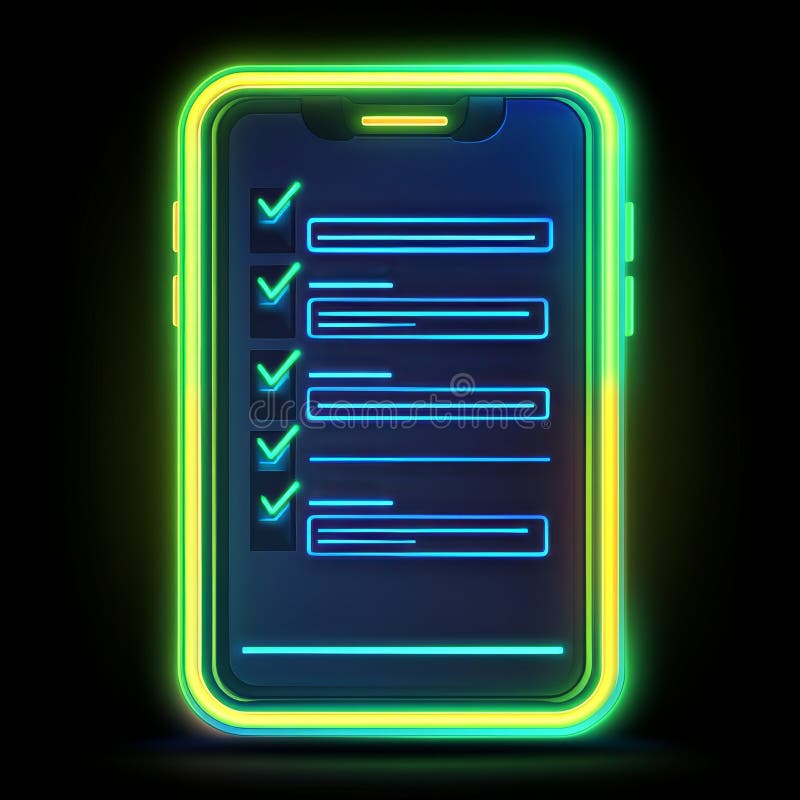 A Neon Sign Featuring a Mobile Phone that Displays a Checklist with a ...
