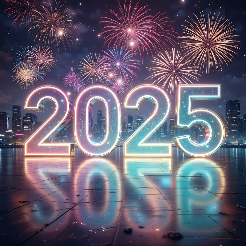 2025 Neon Sign with Fireworks - Emphasizes the Year and Eye-catching ...