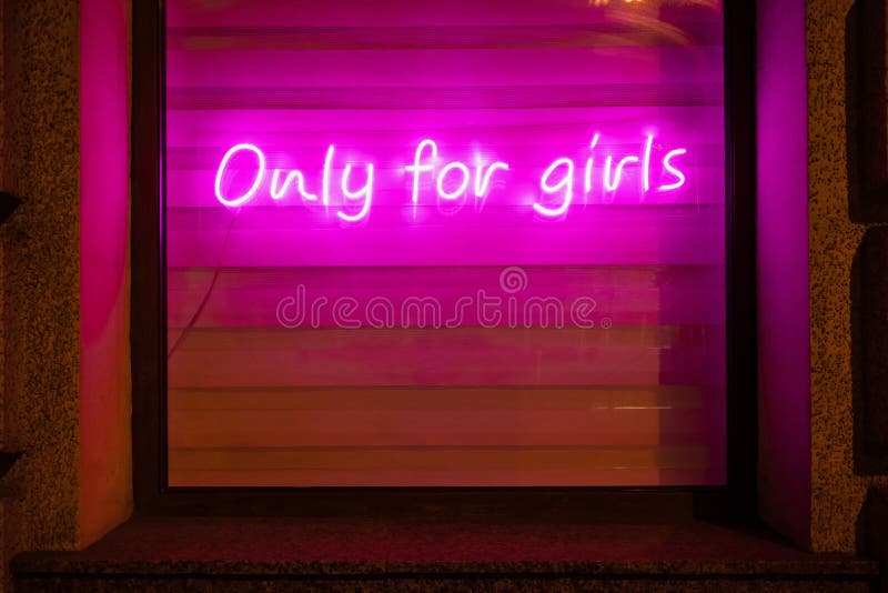 Neon Sign only for Girls in the Window Stock Photo - Image of night ...