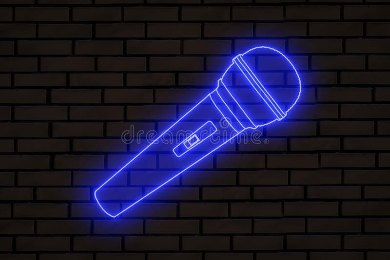 Neon Sign. Glowing Blue Microphone on a Red Brick Wall Stock Image ...