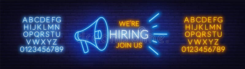 Neon Sign we are Hiring - Join Us on the Brick Wall Background. Light ...