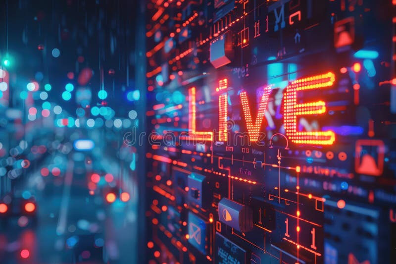Neon Sign of Live with Tech and Media Icons in Backdrop Stock ...