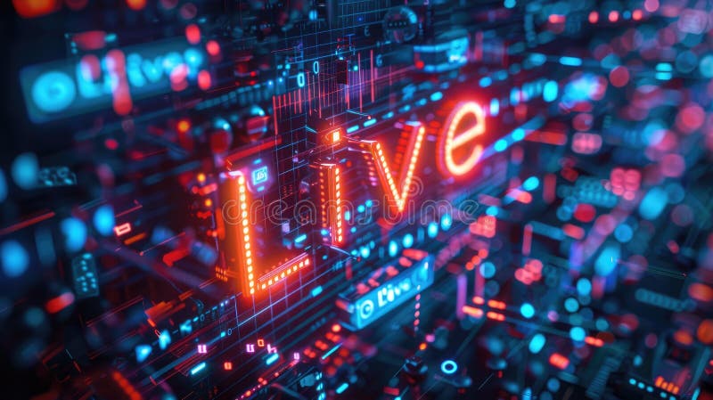 Neon Sign of Live with Tech and Media Icons in Backdrop Stock ...