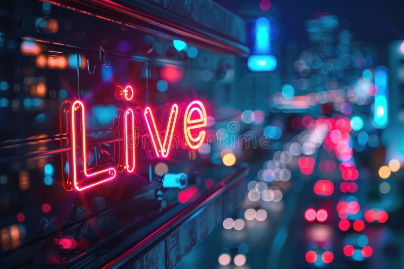 Neon Sign of Live with Tech and Media Icons in Backdrop Stock ...
