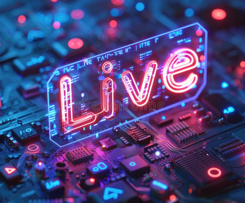 Neon Sign of Live with Tech and Media Icons in Backdrop Stock ...