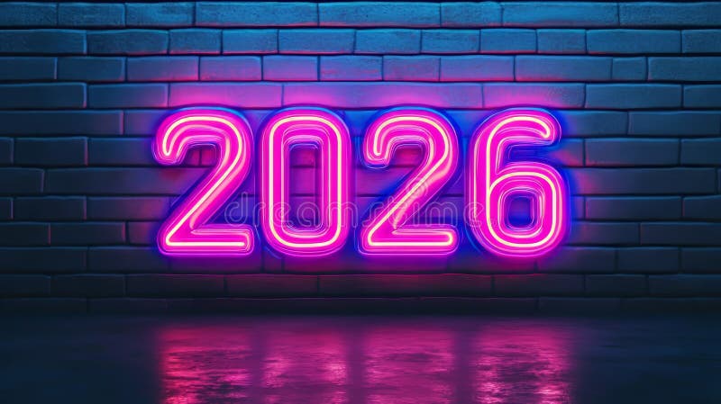 Neon Sign with the Number 2026 Against a Brick Wall, 3D Rendered Image ...