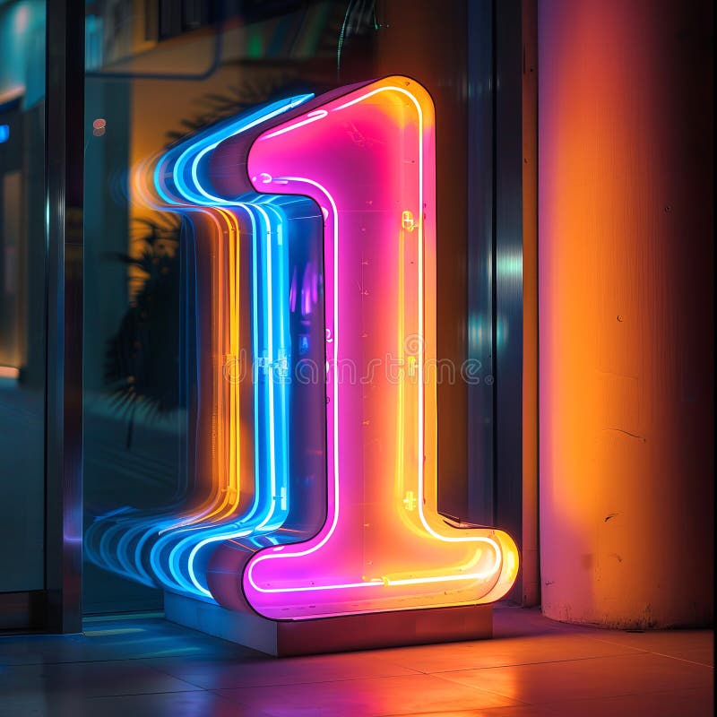 Neon Sign of the Number 1 in a Room Stock Illustration - Illustration ...