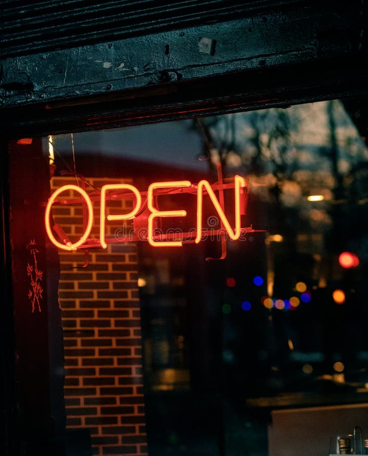 Neon Sign Open on the Cafe or Restaurant Window Stock Image - Image of ...