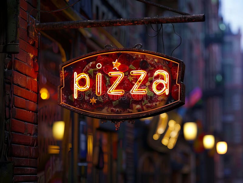 A Neon Sign for Pizza Hangs on a Brick Wall Stock Image - Image of ...