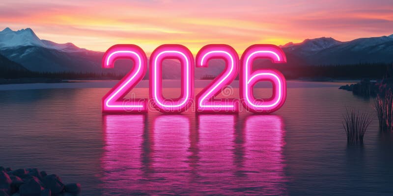 2026 Neon Sign Reflecting on Tranquil Lake at Sunset with Mountains in ...