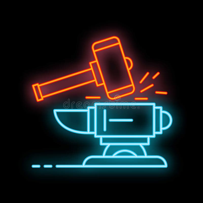 Neon Sign Representing a Hammer Striking an Anvil on Black Background ...