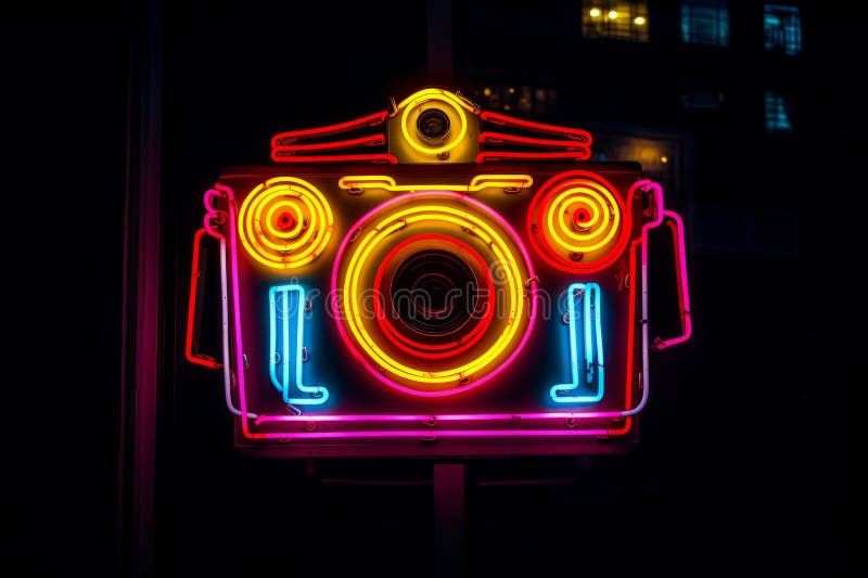 A Neon Sign with a Retro Film Camera Icon Stock Illustration ...