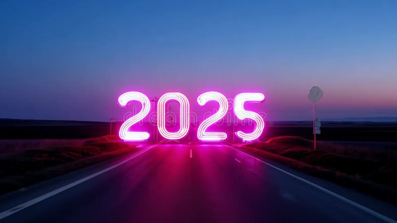 Neon 2025 Sign on the Road To Future in Early Morning Stock Footage ...